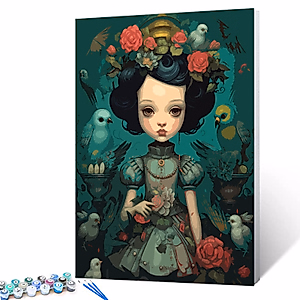 Dark Style Doll DIY Painting by Number for Beginner Delicate Dolls With Her Birds Paint by Numbers on Canvas Easy to Paint Artwork with Brushes and Paints for Home Decor Without Frame 16x20inch
