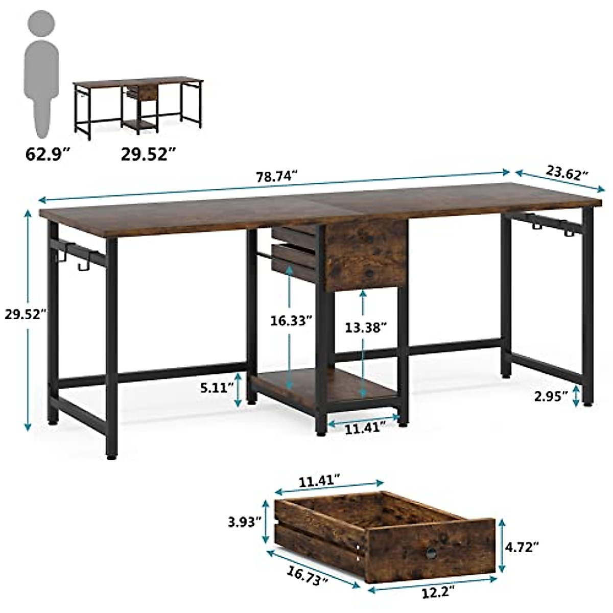 Tribesigns 79 Inch Extra Long Desk, Double Desk with 2 Drawers, Two Person Desk Long Computer Desk with Storage Shelves, Writing Table Study Desk for Home Office, Rustic Brown