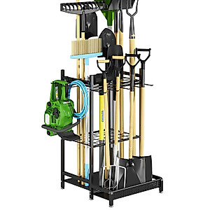 GILLAS Garden Tool Organizer for Garage, Utility Storage Racks with Hooks, Metal Yard Tool Stand Holder Organizer for Long-Handled, Broom, Shovel, Rake, Sturdy Heavy Rack for Outdoor, Yard, Black