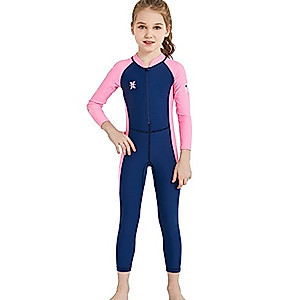 Girls Sun Suit Long Sleeve UV Sun Protection Swimsuit One Piece Stretch Full coverage Wetsuit Swimwear Navy S