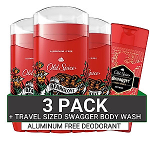 Old Spice Men's Deodorant Aluminum-Free, Bearglove Scent, 48 Hr. Protection, 3.0 oz, (Pack of 3) with Travel-Size Swagger Body Wash