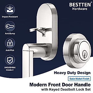 BESTTEN Heavy Duty Front Door Handle Set, Modern Handleset with Single Cylinder Keyed Entry Deadbolt Lock & Door Lever, Reversible for Exterior Doors, Satin Nickel