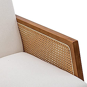 Lamerge Rattan Rocking Chair, Wooden Rocker Glider, Linen Upholstered Nursery Rocking Chair, Rattan Accent High Backrest Comfortable Glier Chair for Living Room, Bedroom, Nursery, Beige