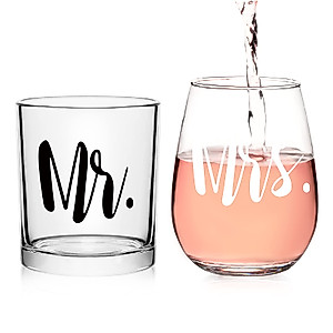 Futtumy Mr & Mrs Whiskey Glass and Stemless Wine Glass Gift Set, Valentine’s Day Gift for Mr Mrs Couple Husband Wife Bride Groom, Unique Glass Set Idea for Valentine’s Day Birthday Christmas Wedding
