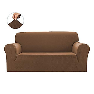 Sapphire Home 2-Piece Sofa and Loveseat Slipcovers, Couch Covers Set, Form fit Stretch, Wrinkle Free, Furniture Protector, Sofa Covers for Living Room, Diamond Pattern Polyester Spandex (Brown)