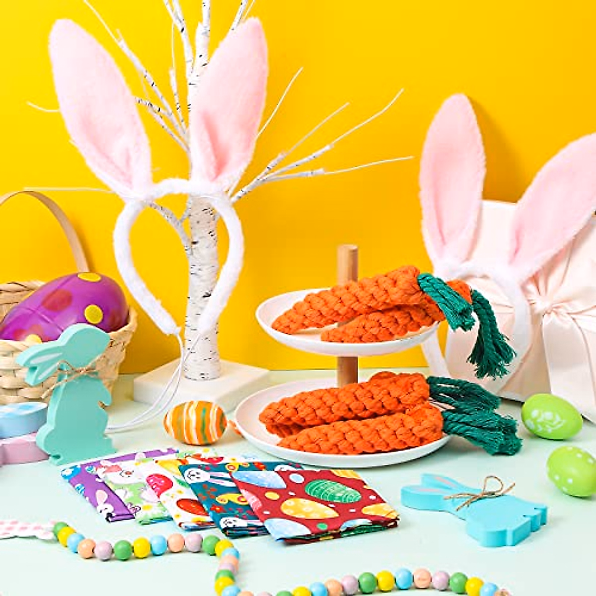 18 Pieces Easter Dog Costumes Including Easter Bunny Ears Headband Easter Dog Bandanas Dog Rope Toys Carrots Puppy Teething Chew Toys for Small Medium Large Dog Easter Party Costume Accessory