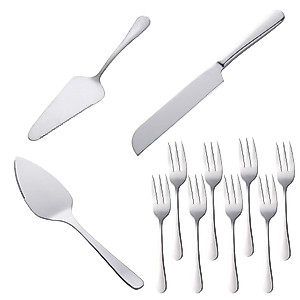Buyer star Cake Server and Knife Set,Silver 18/8（304) Stainless Steel Big, Small Cake Shovel, Cake Knife, and Dessert Fork*8/Cake Cutting Sets for Wedding, Anniversary, Party Supplies