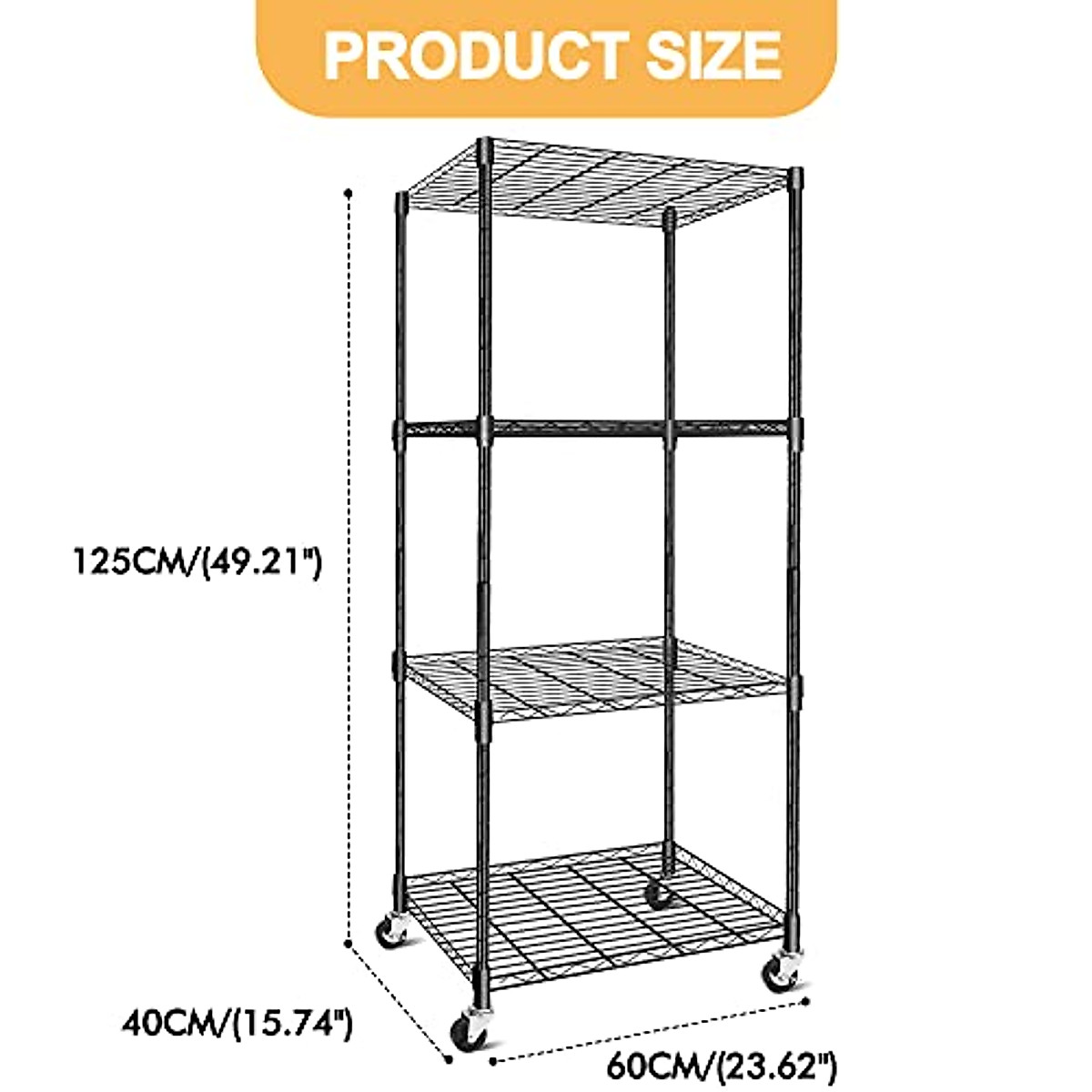 Hlyluo 4-Shelf Adjustable, Heavy Duty Storage Shelving Unit on Wheel Casters (210 lbs Loading Capacity per Shelf), Metal Organizer Wire Rack, Black (23.6L x 15.7W x 49.8H)