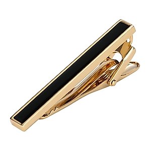 Skcess Gold Black Men Clip on Tie Stainless Steel Tie Clip, Tie Bar Enamel Men's Clip on Ties Jewelry Gift for Men
