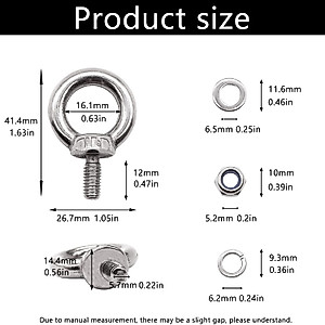 Dianrui 304 Stainless Steel M6 Male Thread Machinery Shoulder Lifting Ring Eye Bolt，Accessories Include Lock Nuts and Lock Washers and Flat Washers Set K1-045-M6-Kit