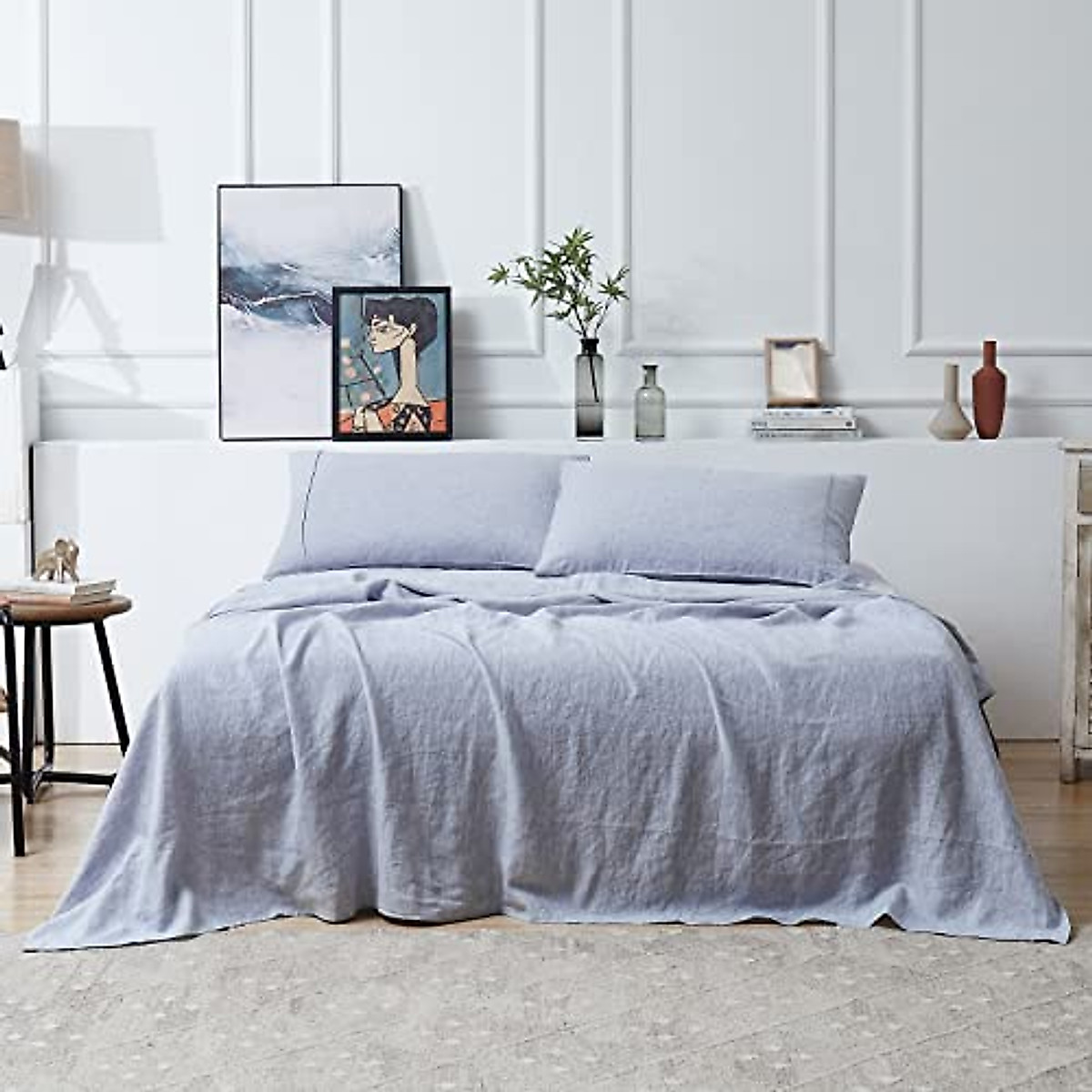 Berklan Linen Sheets King 100% French Natural Linen with Stone Washed 16 Inch Deep Pocket Organic Linen Sheets 200GSM Ultra Breathable(1 Flat 1 Fitted Sheet and 2 Pillowcases Blue King)