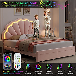 HIFIT Full Size Upholstered Smart LED Bed Frame with 2 Storage Drawers and Adjustable Chic Double Petal Headboard, Princess Platform Bed for Girls, Solid Wood Slats Support/No Box Spring Needed, Pink