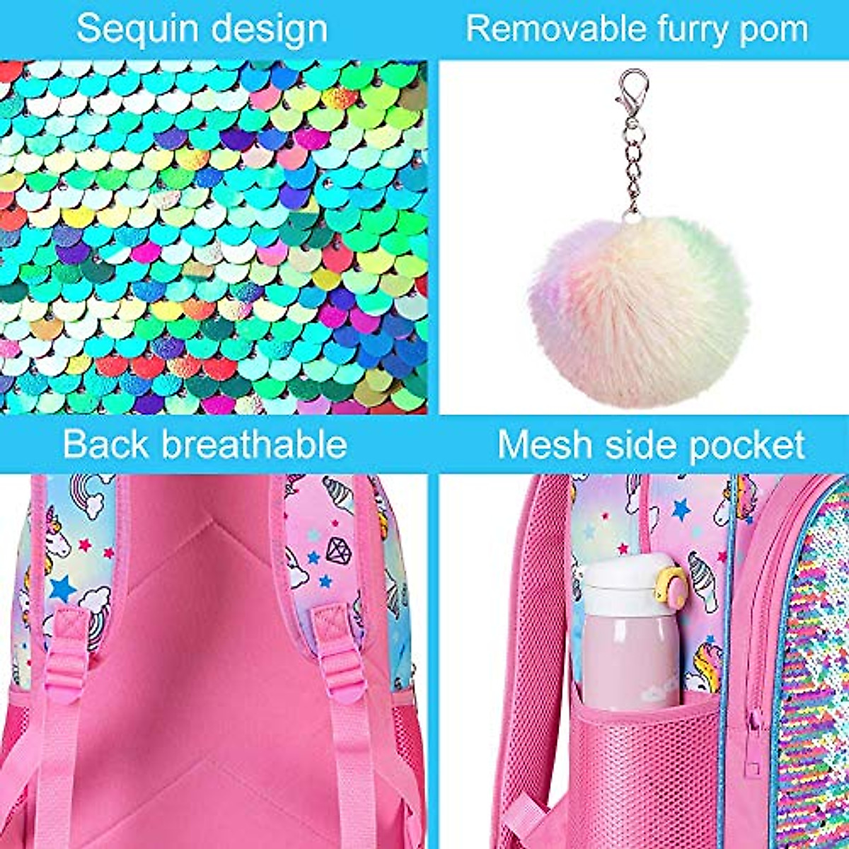 gxtvo 3PCS Unicorn Backpack for Girls, 16" Sequin Prechool Elementary Bookbag and Lunch Box