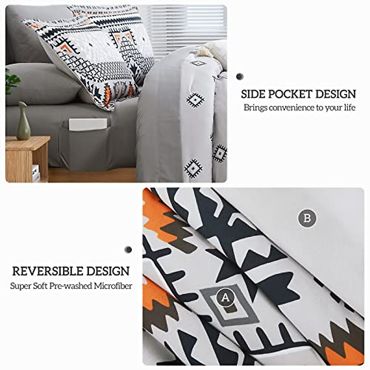 CASAAGUSTO Queen Comforter Set, 8 Pieces Gray Orange Boho Comforter Set, Microfiber Cozy Bohomian Bedding Set with Decor Pillow, Lightweight Breathable for All Seasons