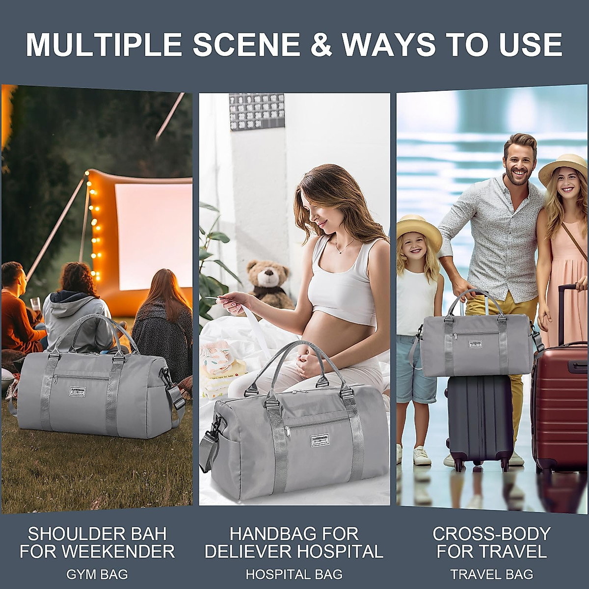 SUPROMOMI Large Travel Duffel, Sports Tote, Gym Yoga Bag - Airplane Carry-on with Extra Shoe & Small Clear Makeup Bag - Overnight Crossbody for Men & Women - Grey