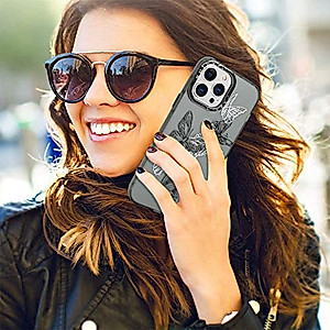 Mophinda for iPhone 13 Pro 6.1''2021 Translucent Matte Soft Phone Case, Cute Black and White Butterfly Printing (Screen Tempered Film X1) Suitable for Girls Ladies Boys Men（Black Base Color）