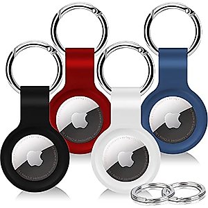 WisePurch 4 Pack Silicone Cases for Airtag with Keychain, Protective Holders Cover for Apple AirTag Key Finder GPS Tracker, Pet, Dog, Cat, Bags or Luggage (Red, Black, Blue, White)