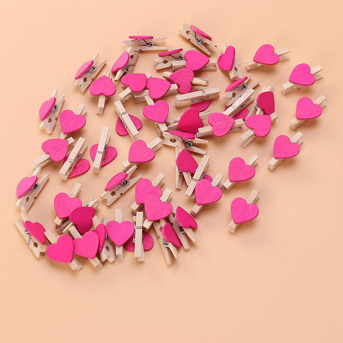 NUOBESTY 50pcs Mini Wooden Clips Clothespins Crafts Clips with Hearts for Wedding Party Valentines Day Decoration Rosy