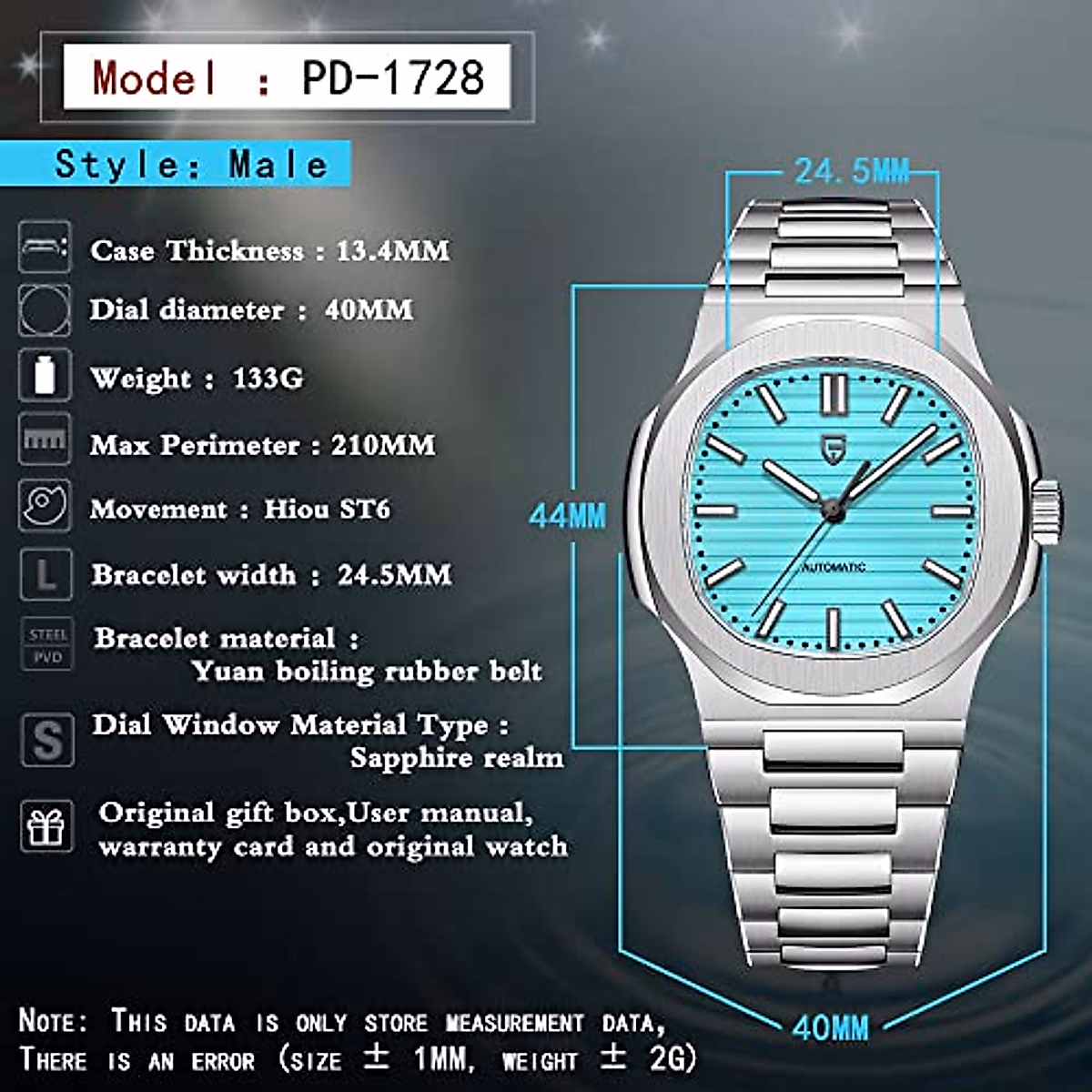 LACZ DENTON Pagani Design PD1728 Mens Automatic Watches Full Stainless Steel Waterproof 100M Watches for Men Men Mechanical Wristwatches (Sky Blue)