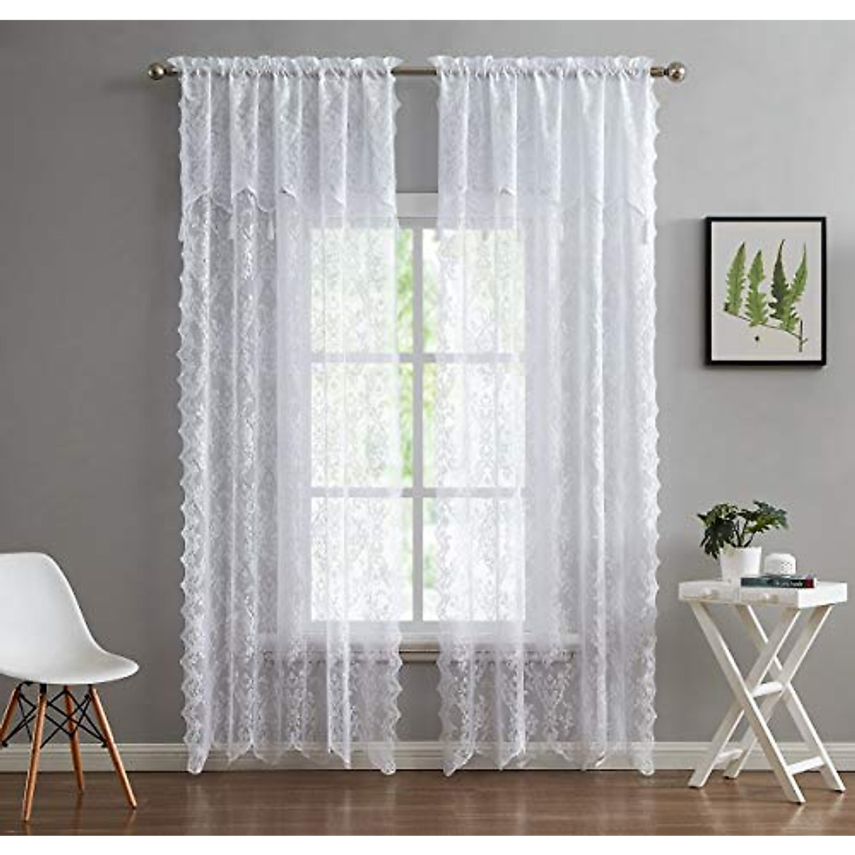 Warm Home Designs Pair of 2 White Color Extra Short Length 54” (W) x 108” (L) Semi Sheer Lace Curtain Panels & Attached Valances with 6 Tassels. Classic Elegant English Rose Pattern. L White 108”