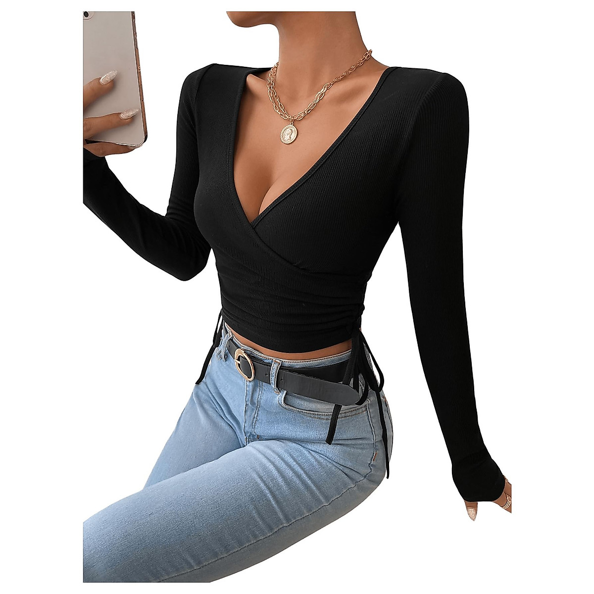 SOLY HUX Long Sleeve Wrap Crop Tops for Women Sexy Ruched V Neck T Shirts Tie Side Fitted Tees Going Out Top Solid Black XS