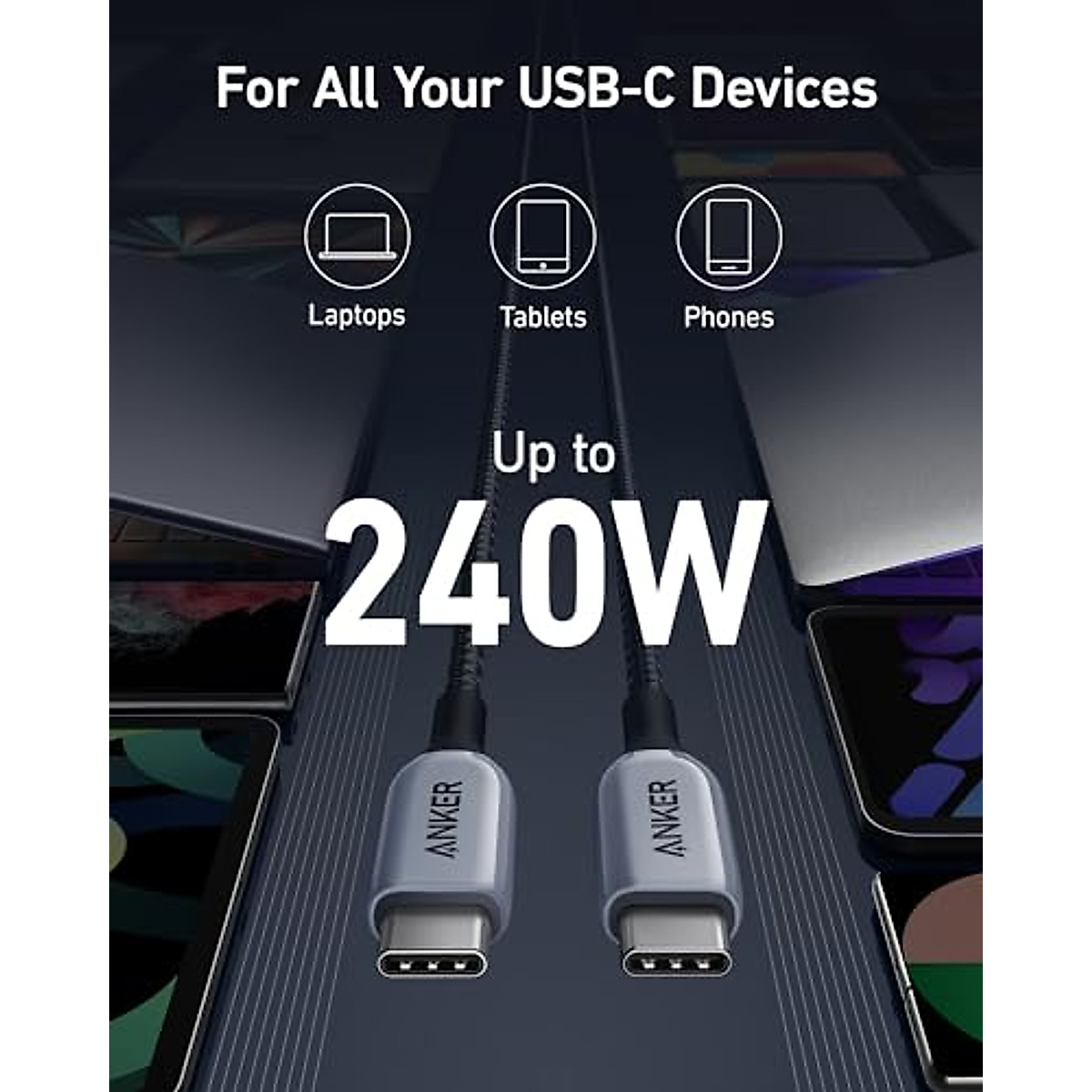 Anker 765 USB C to USB C Cable (240W 6ft Nylon), USB 2.0 Fast Charging USB C Cable for iPhone 15/15Pro/15Plus/ 15ProMax, MacBook Pro 2021, iPad Pro, iPad Air 4th, Samsung Galaxy S23+/S23 Ultra