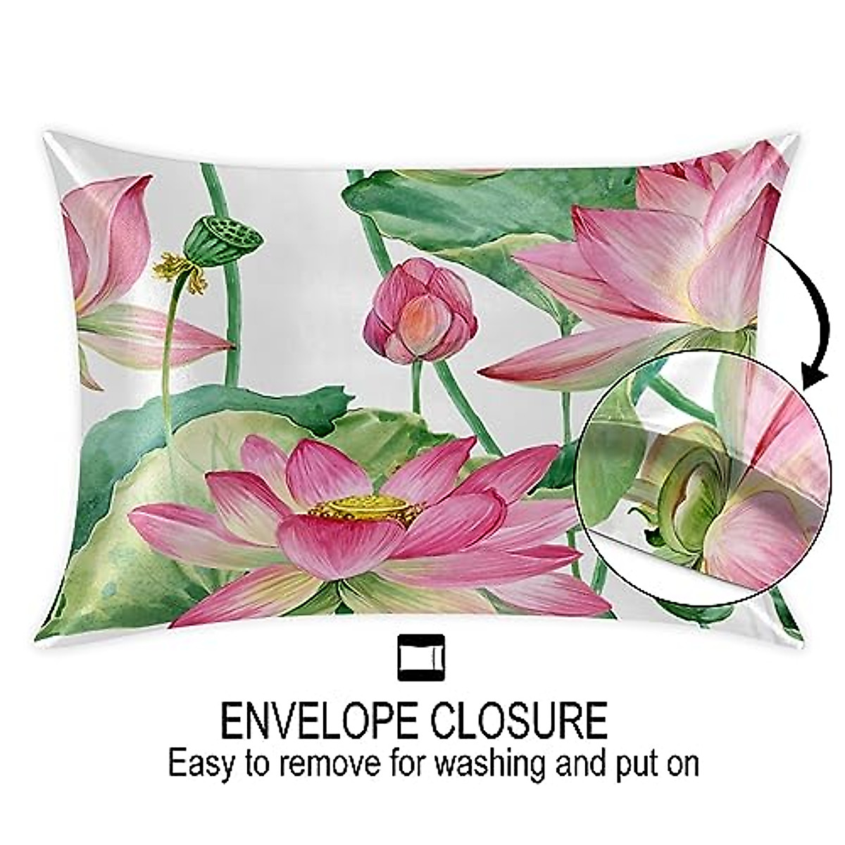 Floral Lotus Pattern Satin Pillow Cases Silk Satin Pillowcase for Hair and Skin Standard Set of 2 Super Soft Silk Pillowcase with Envelope Closure (20x26 in)