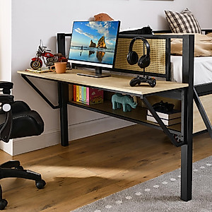 XD Designs Full Size Gaming Mid Loft Bed with Rectangular Desk and Vented Mesh Underbed Storage, Metal Low Loft Bed Frame with Safety Guard and Ladder for Kids Teens Boys Girls (Black+Natural, Full)