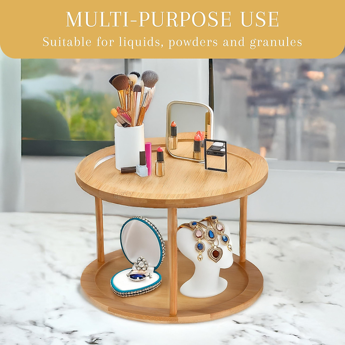 Bamboo Turntable Lazy Susan Rotating Spice Rack - 2 Tier Rotating Spice Rack, Lazy Susan Rotating for Kitchen, Spice Carousel for Cabinets and Pantry - Wooden 2 Tier Lazy Susan Rotating Turntable