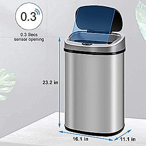 Touch Free Kitchen Trash Can 13 Gallon Stainless Steel Easy to Clean Automatic Brushed Trash Bin with Lid for Bathroom, Powder Room, Office