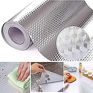 Kitchen Backsplash Stickers, 196.85X15.75 Inch Kitchen Wallpaper Stickers Self Adhesive Kitchen Aluminum Foil Stickers Oil Proof Waterproof (Silver Cube Texture)