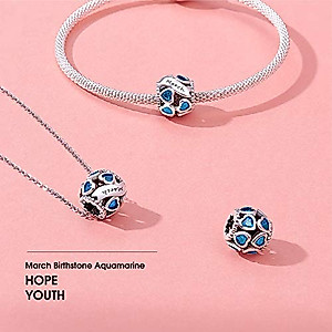 NINGAN March Birthstone Charms 925 Sterling Silver Love Heart Openwork Bead for Charm Bracelets and Necklaces with 5A Cubic Zirconia, Birthday Mothers Day Jewelry Gifts Women