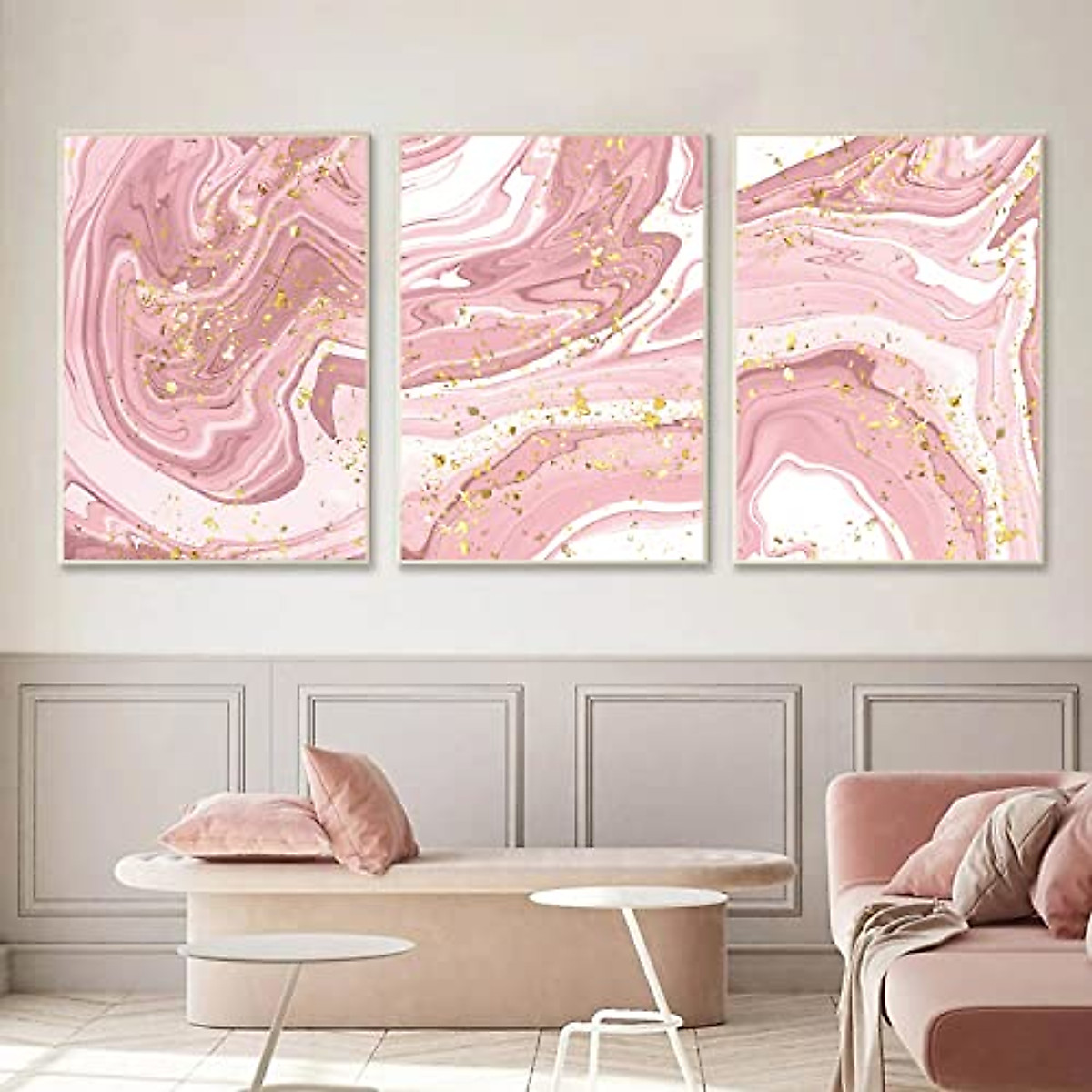 Pink Marble Canvas Wall Art Pink and Gold Abstract Art Gold Foil Artwork Gold Glitter Art Blush Pink Glitter Pictures Pink Gold White Painting Modern Abstract Marble Art Prints 16x24inchx3pcs No Frame