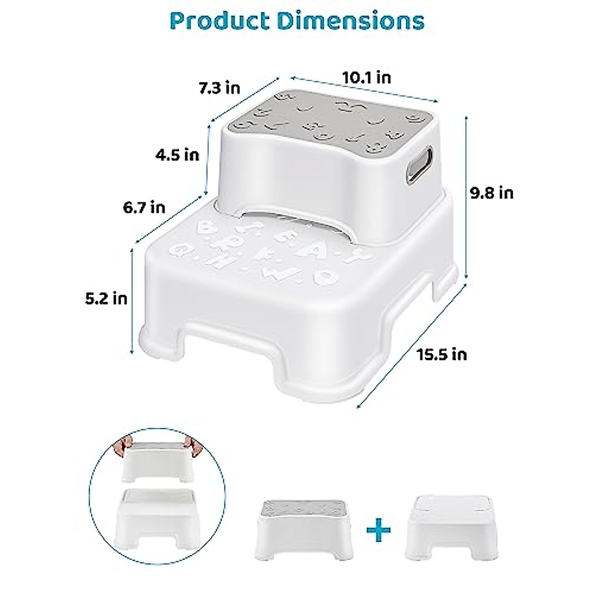 HEETA 2 Step Stool for Kids and Toddler, Anti-Slip Sturdy Step Stool for Potty Training or Kitchen Helper Stool, 2 in 1 Step Dual Height to Reach Kitchen Counter Bed or Sink, Grey & White