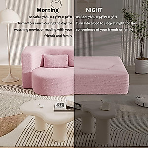 Tmsan 78" Teddy Loveseat Sofa Cloud Couch, 2 in 1 Convertible Sleeper Sofa Bed Full Size, Modern Boucle Floor Sofa Guest Bed with 2 Pillows for Living Room Apartment Office (Pink)