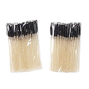300 Pack Glitter Mascara Wands Disposable EyeLash Spoolie Brushes Makeup Applicator Eyelash Extension Tool Kit, Crystal Gold Handle Black Brush Head