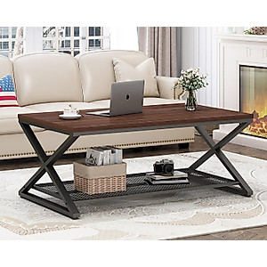 LVB Walnut Coffee Table with Storage, Metal Wood Rectangle Living Room Table, Industrial 2 Tier Center Table with Mesh Shelf, Vintage Wooden Middle Concrete Tables for Office Bedroom, 39 inch, Walnut