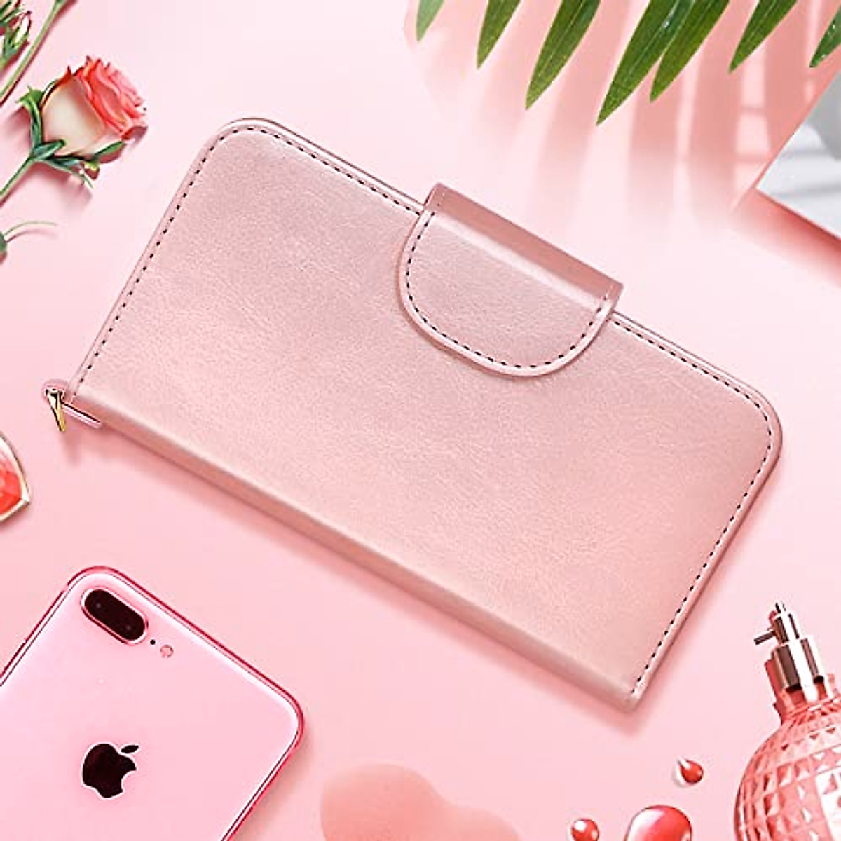FYY Compatible with iPhone 13 Case, [Kickstand Feature] Luxury PU Leather Wallet Case Flip Folio Cover with [Card Slots] and [Note Pockets] Case for iPhone 13 5G 6.1" Rose Gold