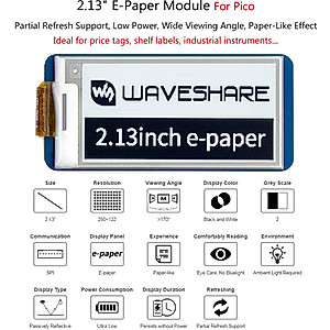 waveshare 2.13inch E-Paper Display Module for Raspberry Pi Pico, Black White Two-Color 250x122 Pixel E-Paper Screen LCD SPI Interface Support Partial Refresh Paper-Like Effect Wide Viewing Angle