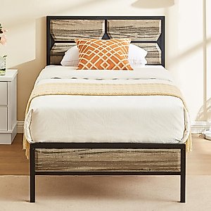 VECELO Twin Bed Frame Metal Platform with Wooden Headboard & Footboard Mattress Foundation Strong Metal Slats Support No Box Spring Replacement/Easy Assemble