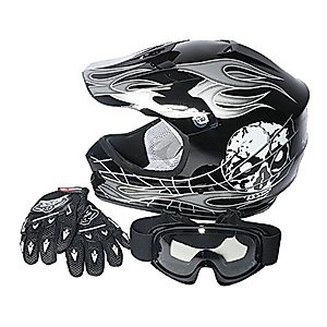 Tengchang DOT Youth Kids ATV Motocross Dirt Bike Black Skull Helmet w/Goggles+Gloves(L)