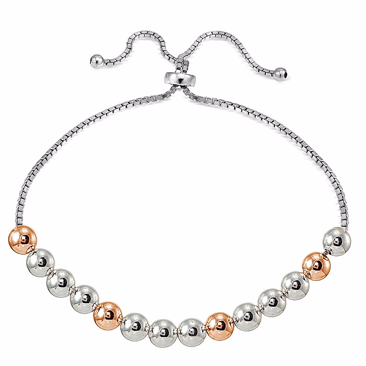Hoops & Loops Sterling Silver Rose Gold Flashed Two-Tone 6mm Bead Adjustable Bracelet