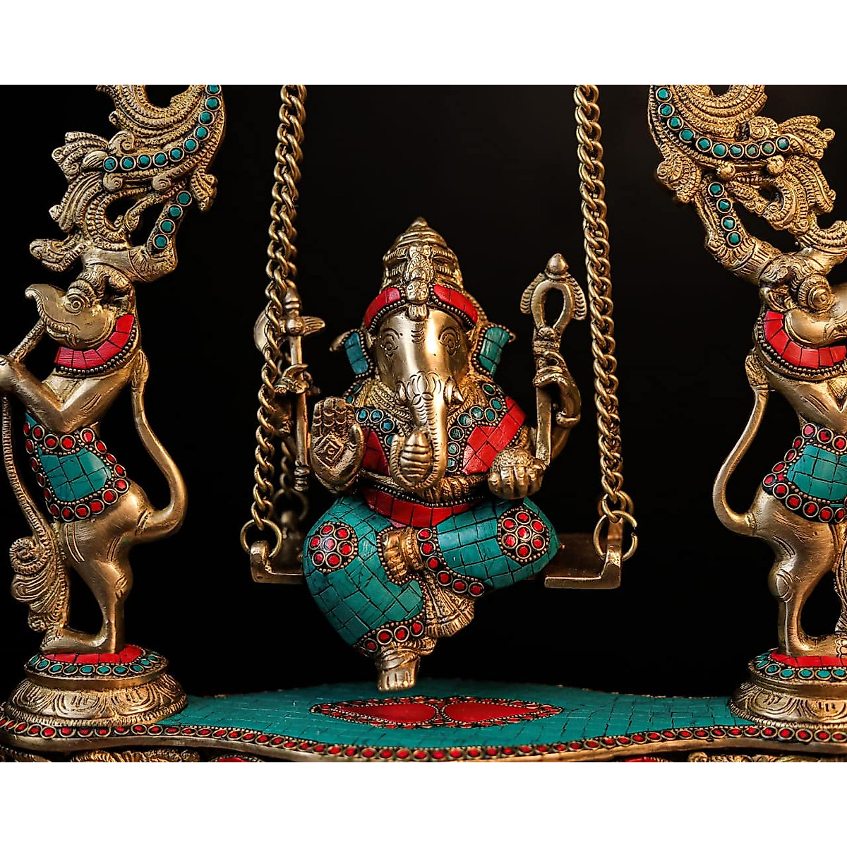 SHIVAJI ARTS Brass Ganesha Statue on Swing, 20 Inch Big Large Ganesh Idol on Jhoola in Brass, Swinging Ganesh Idol, Jhula Ganesh Murti, Showpiece