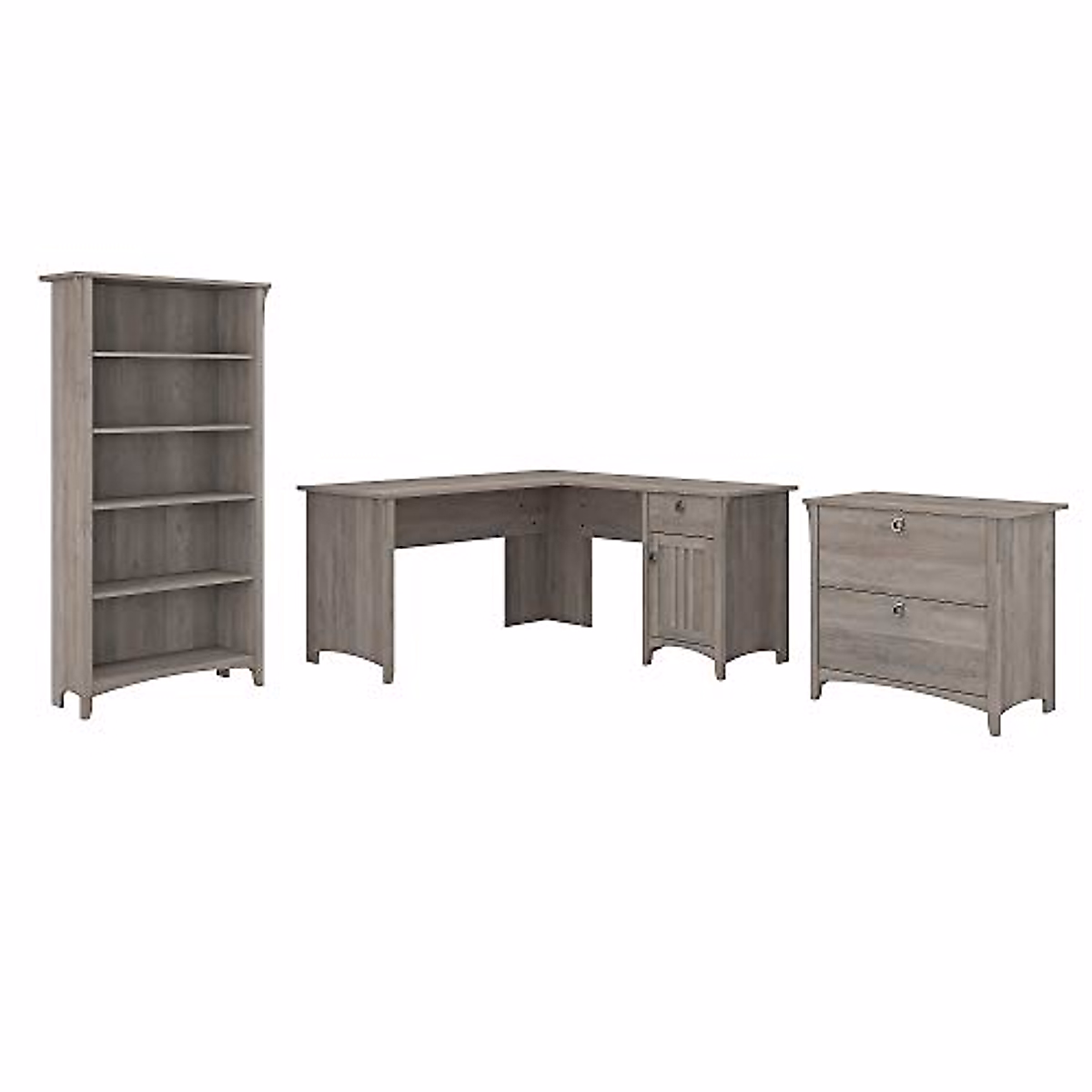 Bush Furniture Salinas L Shaped File 5-Shelf Bookcase | 3 Piece Living Room Furniture Set | Storage Cabinet, Bookshelf & Office Desk, 60W, Driftwood Gray