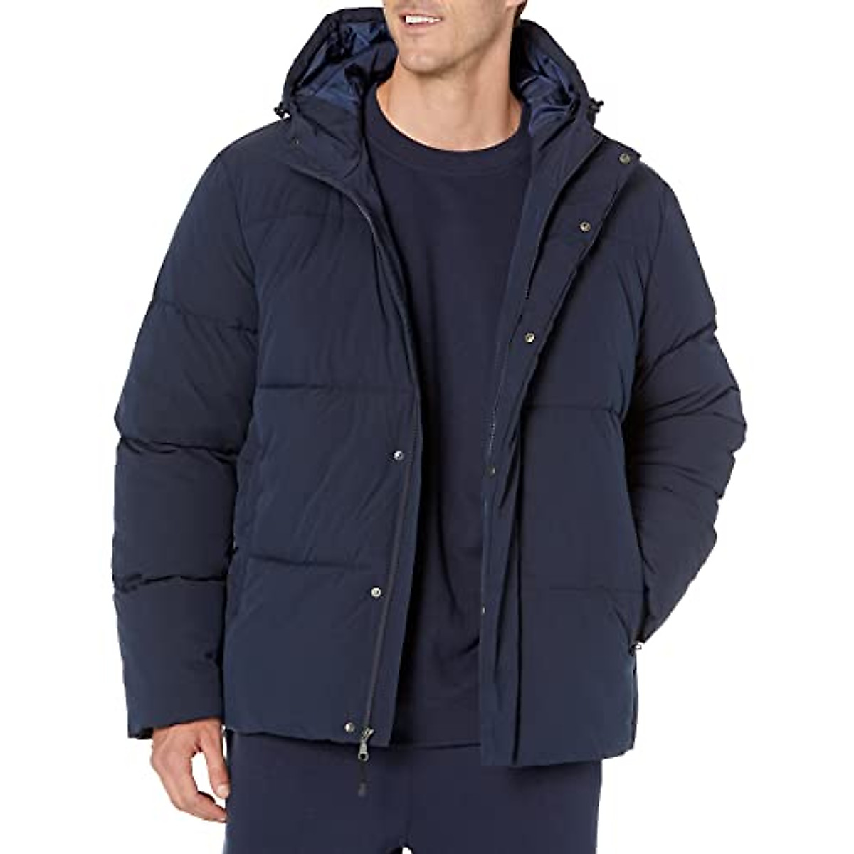 Amazon Essentials Men's Recycled Polyester Mid-Length Hooded Puffer (Available in Big & Tall), Navy, Large