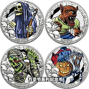 European and American Halloween Cultural Commemorative Coins Werewolf Commemorative Coins Foreign Currency Wolf Coins Painted Silver-Plated Commemorative Coins