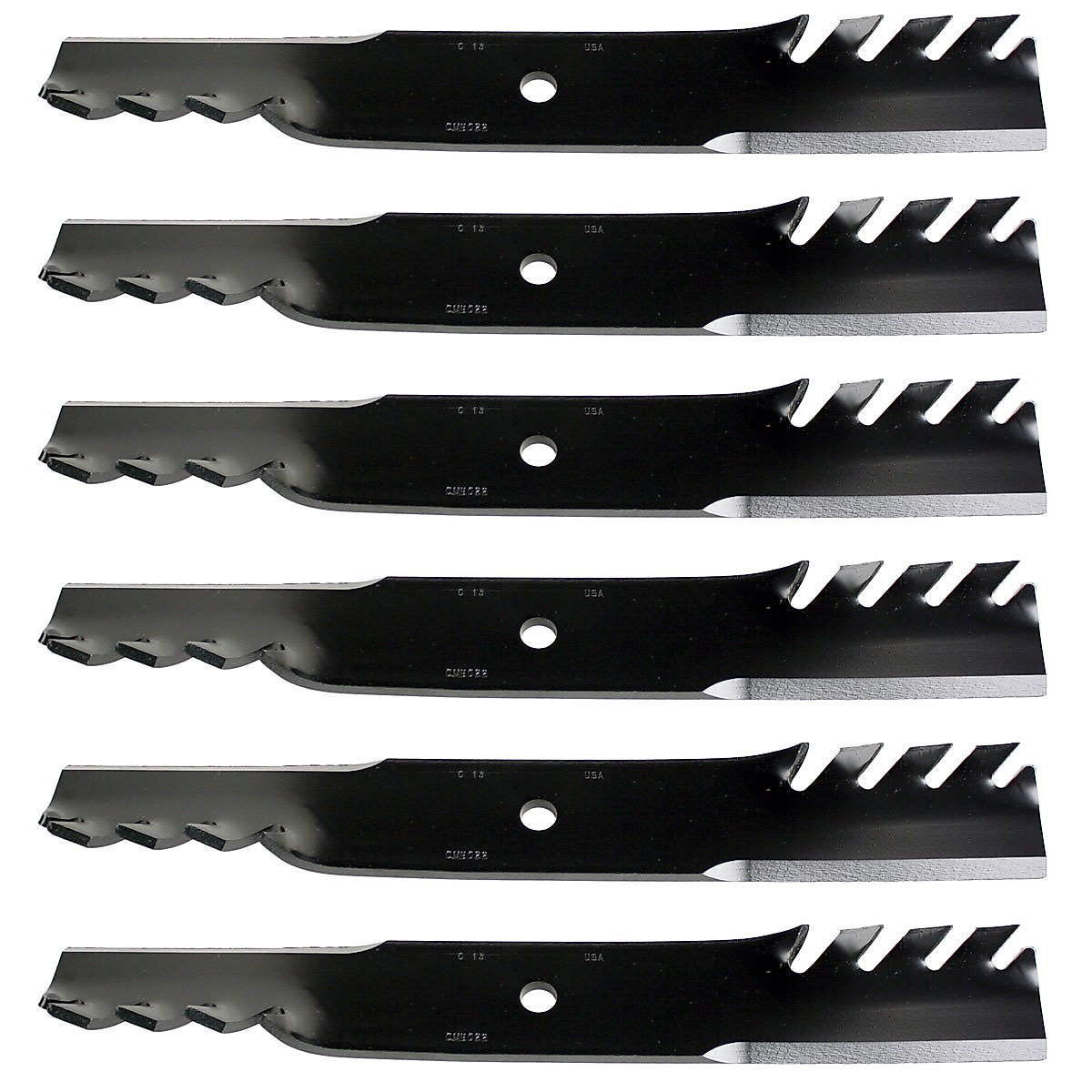 USA Mower Blades (6 MB022BP Toothed High-Lift for Bad Boy 038000300 Jacobsen 390665 Length 18 in. Width 2-1/2 in. Thickness .203 in. Center Hole 5/8 in. 36 in. 52 in. 54 in. Deck