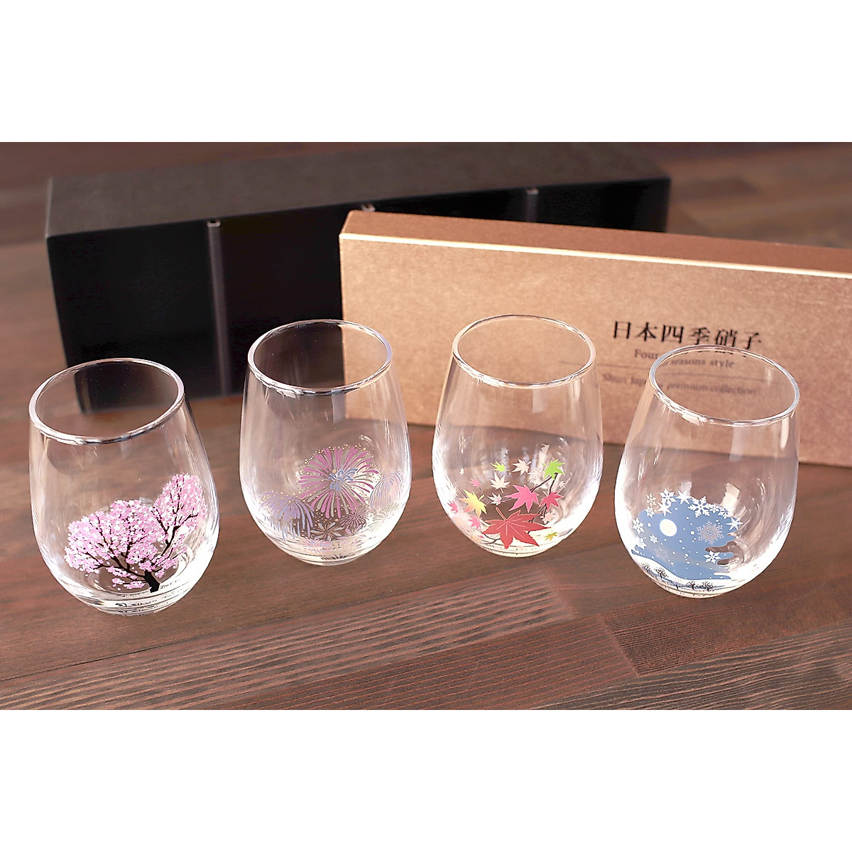 丸モ高木陶器 Japanese Four Seasons Color Changing Glass Cup Set, Magical Blooming Multi-purpose Glasses – Cherry Blossom, Fireworks, Autumn Leaves, Snowflakes