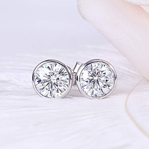DovEggs Solid 10K White Gold Post 2ct 6.5mm Blue Moissanite Stud Earring Bezel Setting Push Back 14K Gold QUALITY Sterling Silver Earrings for Men and Women