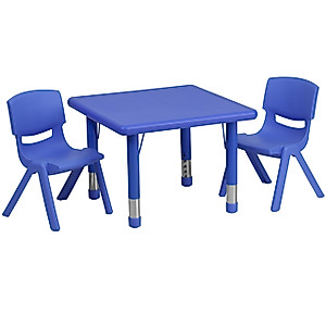 Flash Furniture Emmy 24'' Square Blue Plastic Height Adjustable Activity Table Set with 2 Chairs